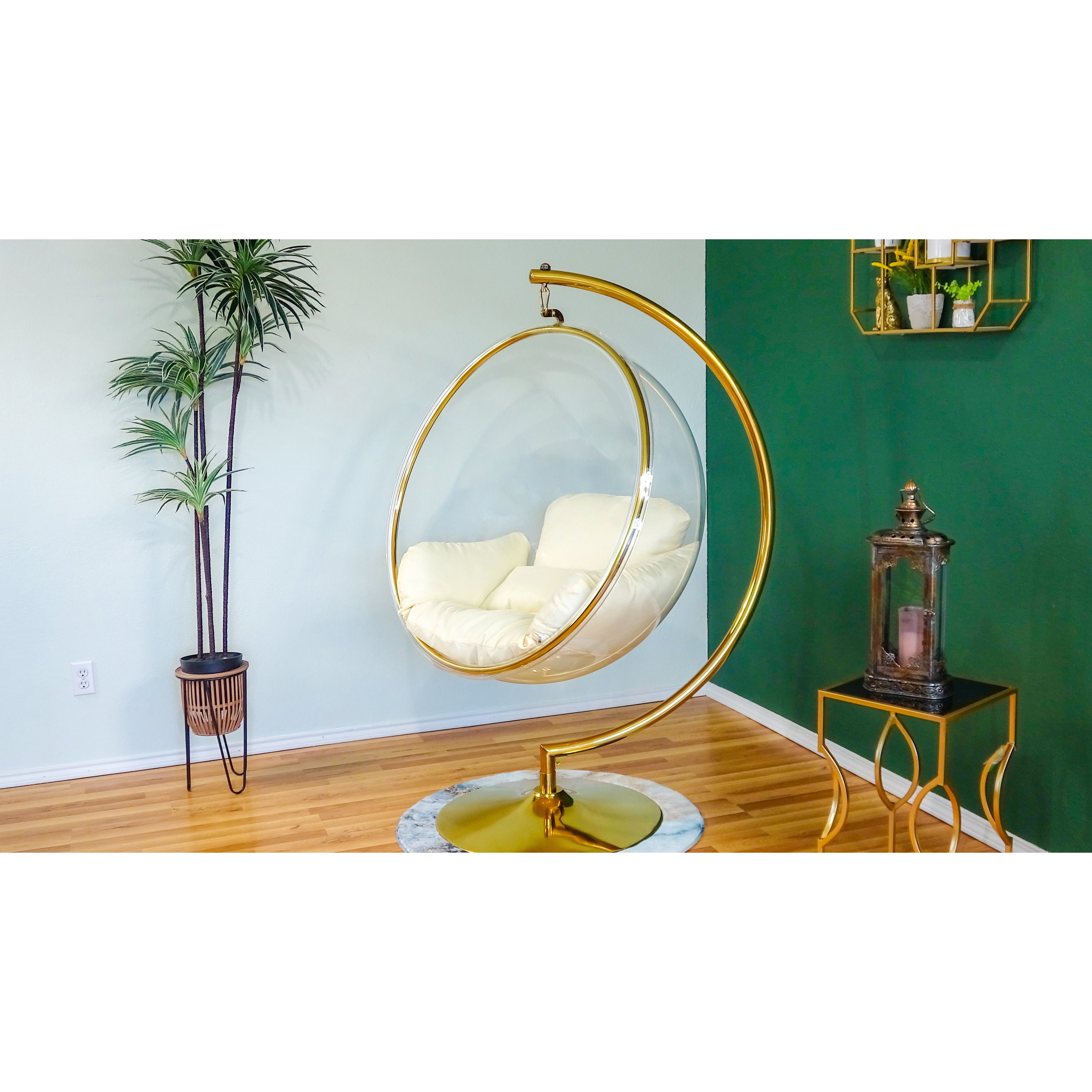 Gold Acrylic Bubble Swing chair with Stand, Cushion, Gold finish SK ...