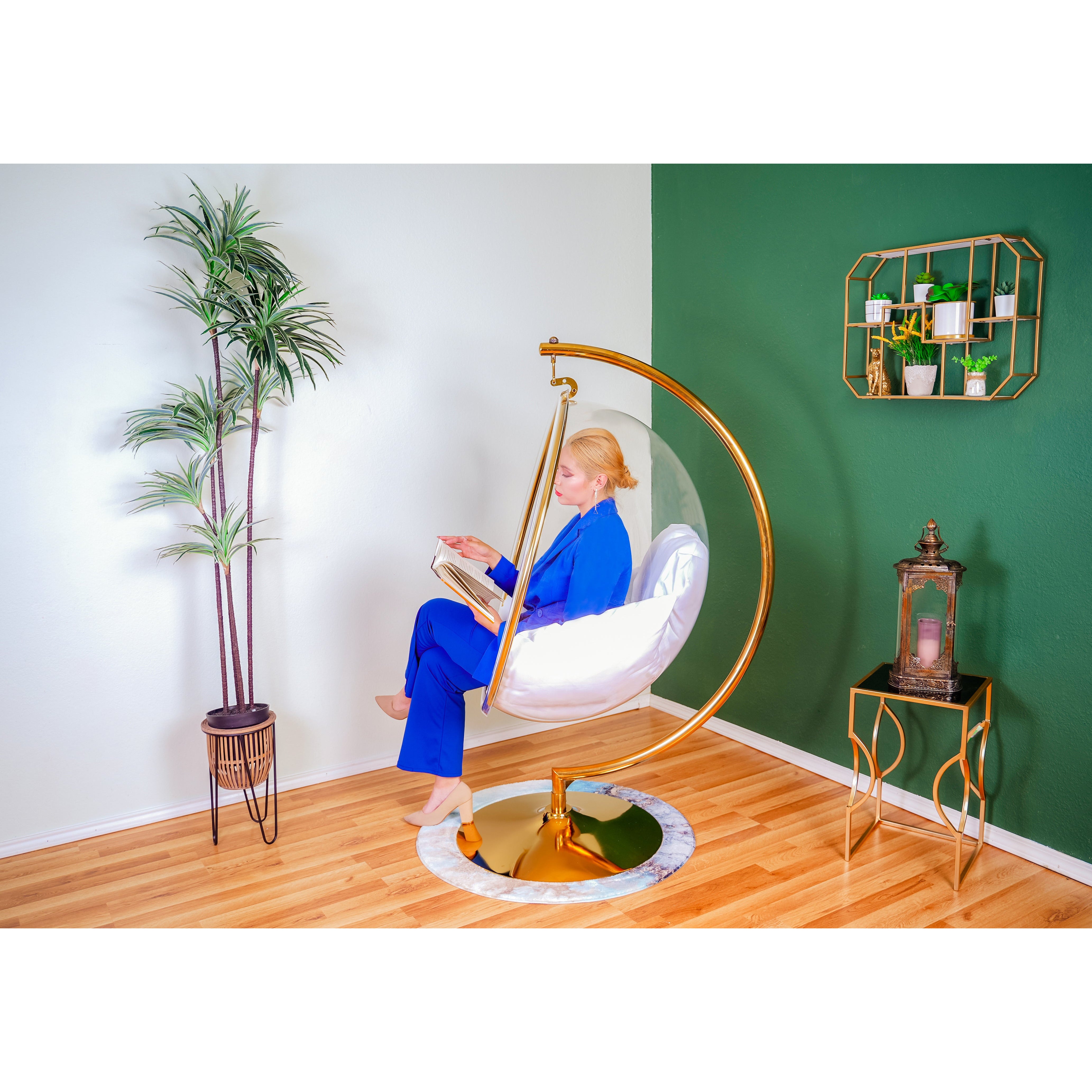 Gold Acrylic Bubble Swing chair with Stand, Cushion, Gold finish SK ...