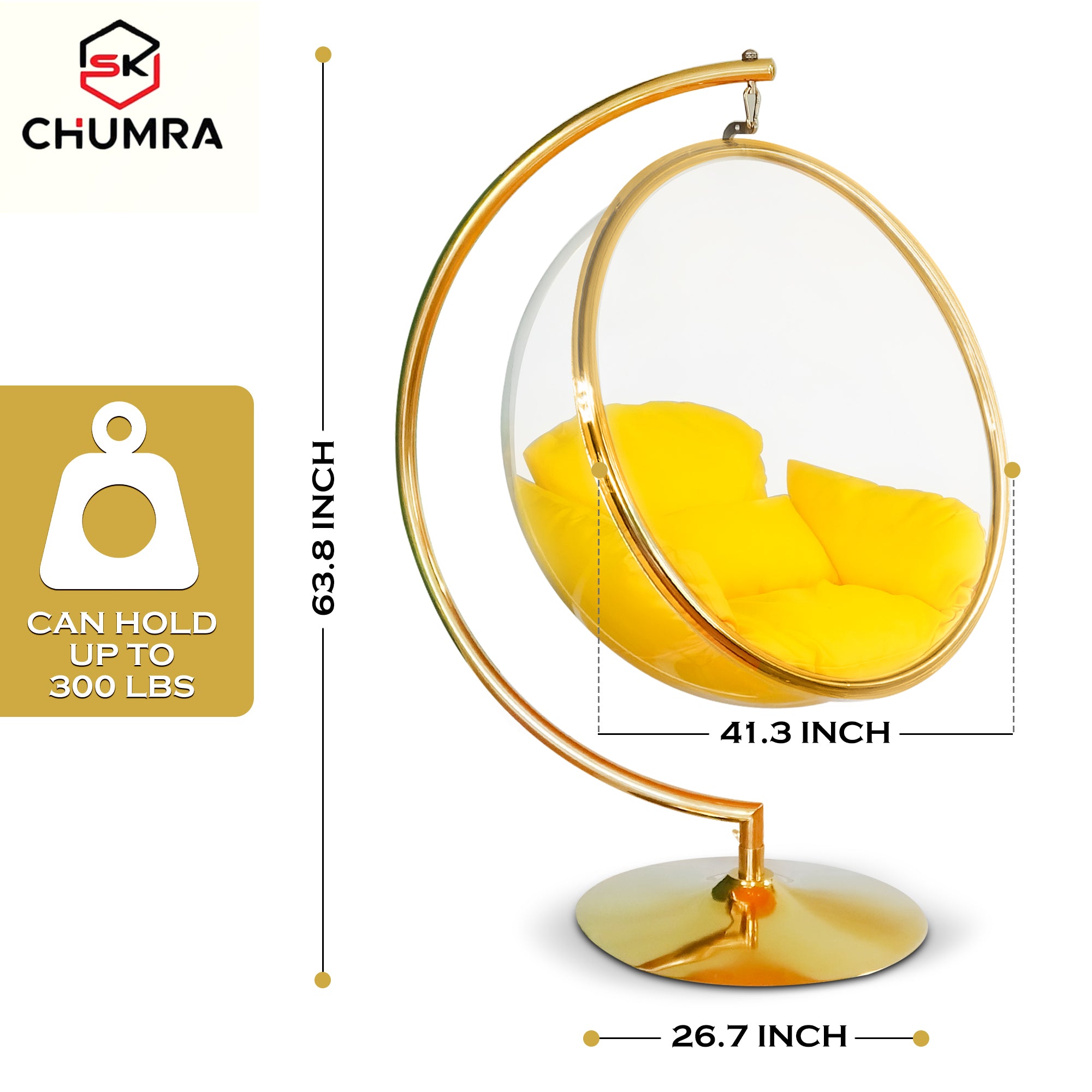 Gold Acrylic Bubble Swing chair with Stand, Cushion, Gold finish SK ...