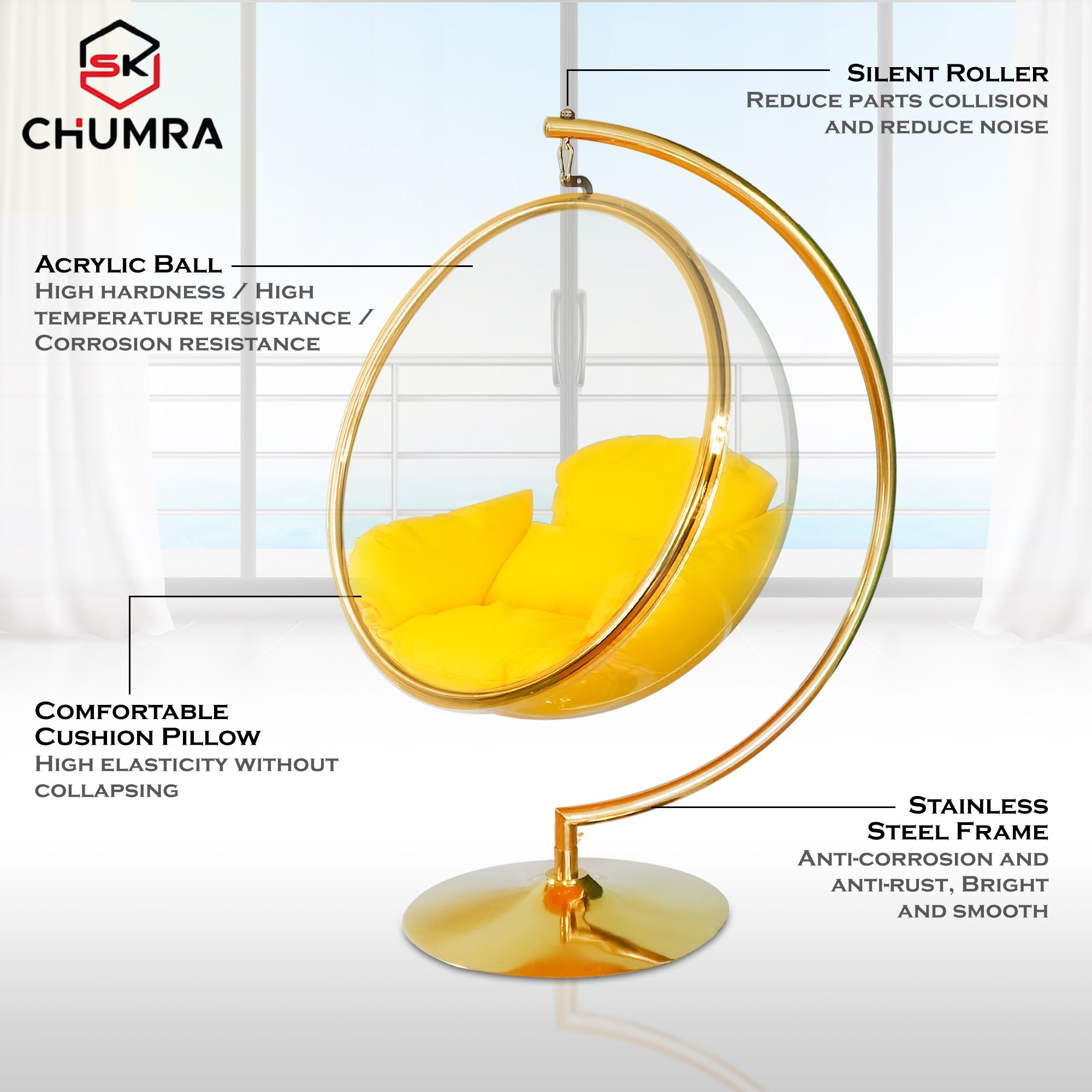 Gold Acrylic Bubble Swing chair with Stand, Cushion, Gold finish SK ...
